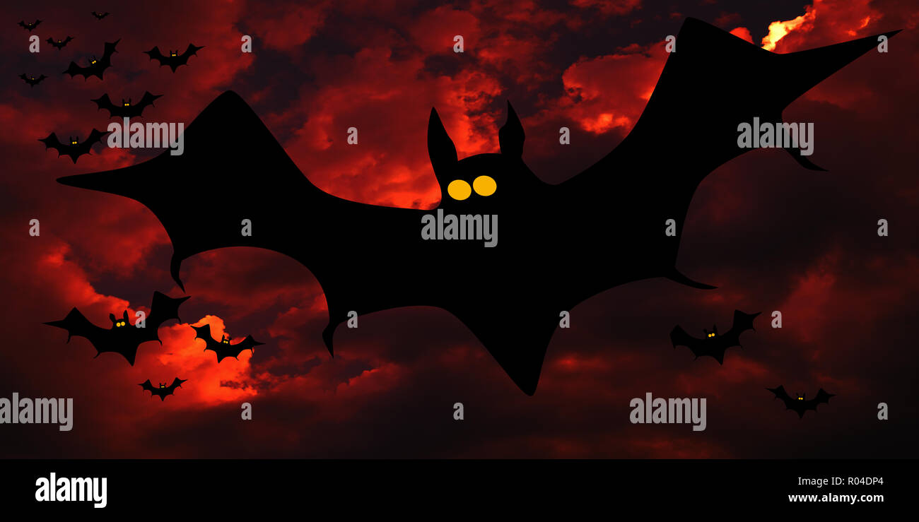 Vampire bats flying in formation across a dark red and dangerous sky ...