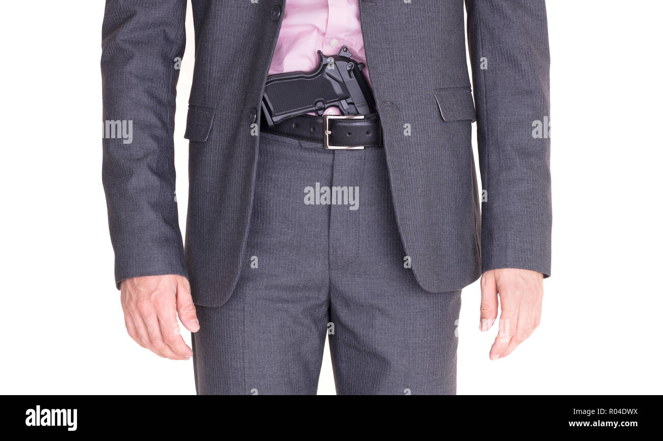 Man in suit with gun, handgun, isolated on white Stock Photo - Alamy