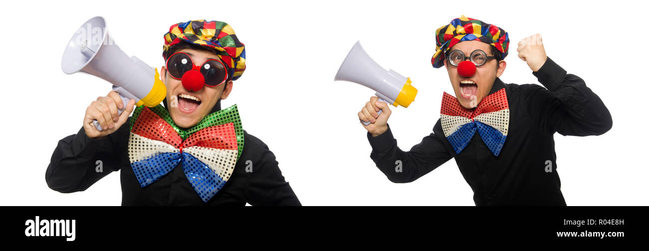 Clown with loudspeaker isolated on white Stock Photo - Alamy