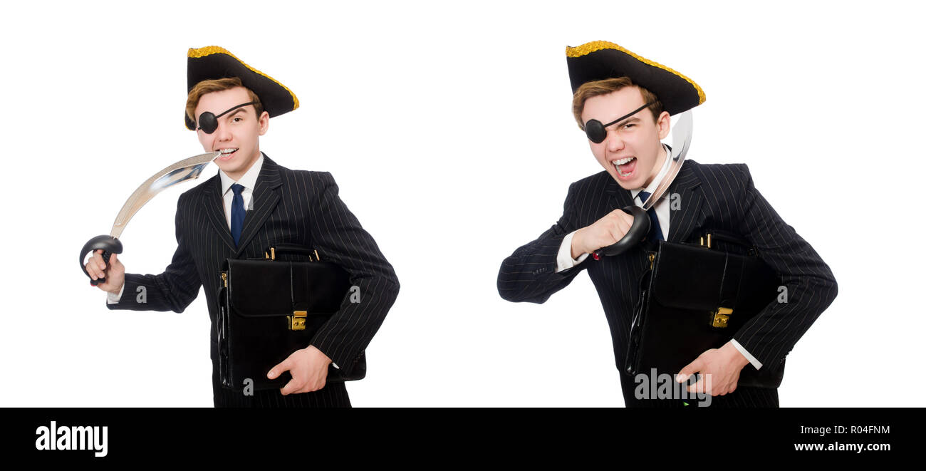 Young man in costume with pirate hat isolated on white Stock Photo - Alamy