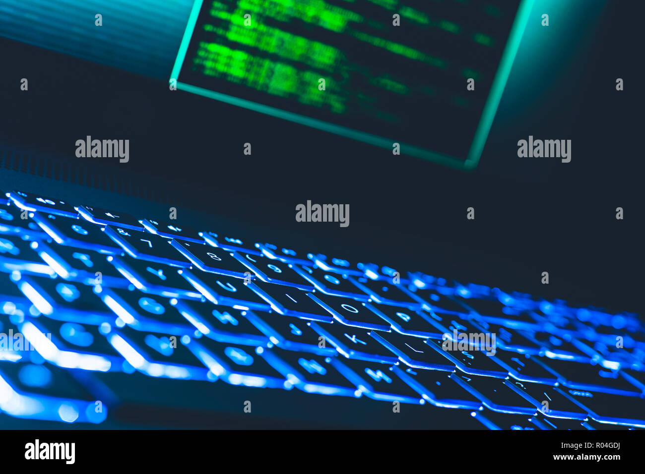 Closeup of laptop keyboard illumination, backlit keyboard Stock Photo ...