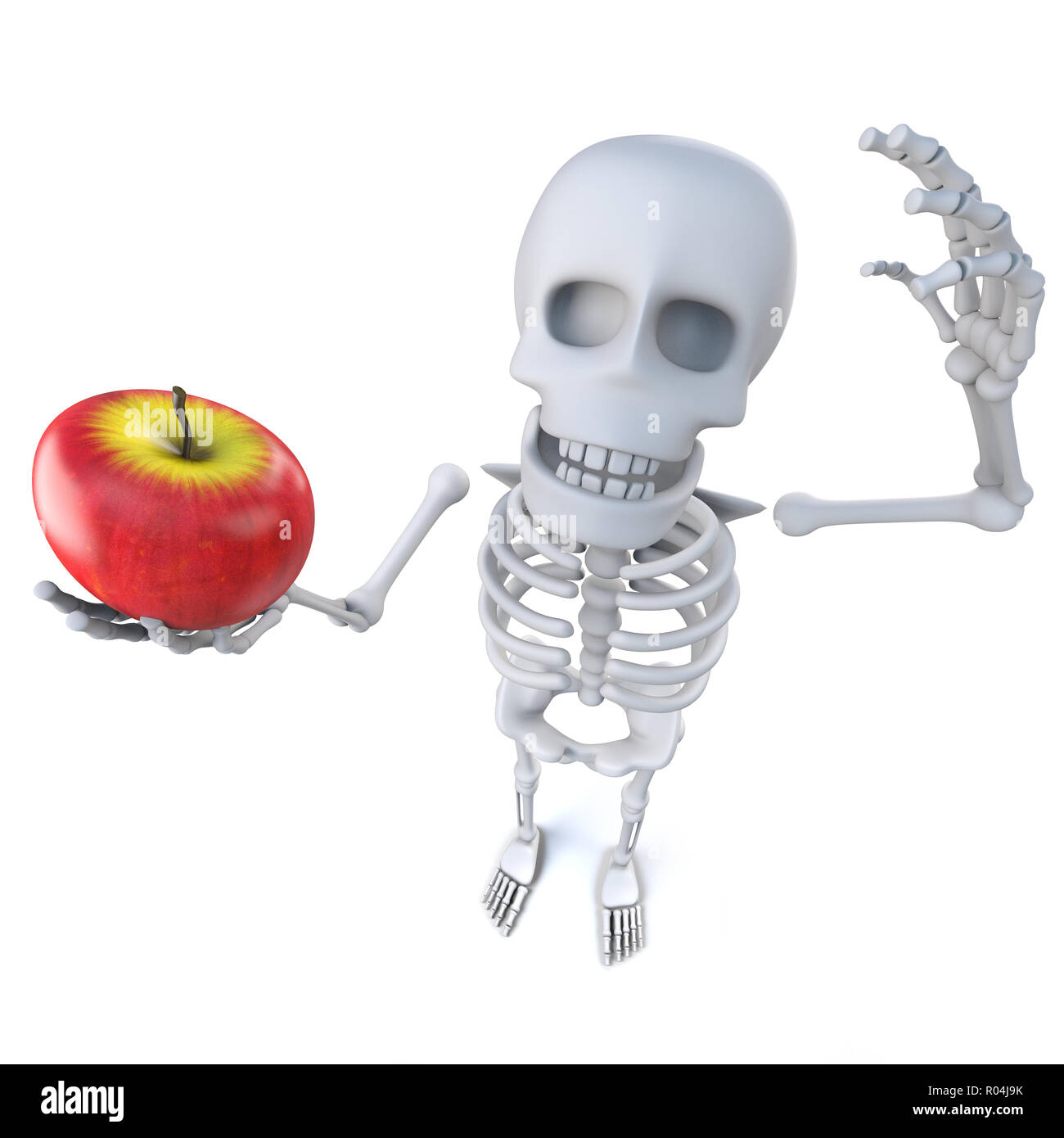 3d render of a funny cartoon skeleton holding an apple Stock Photo - Alamy