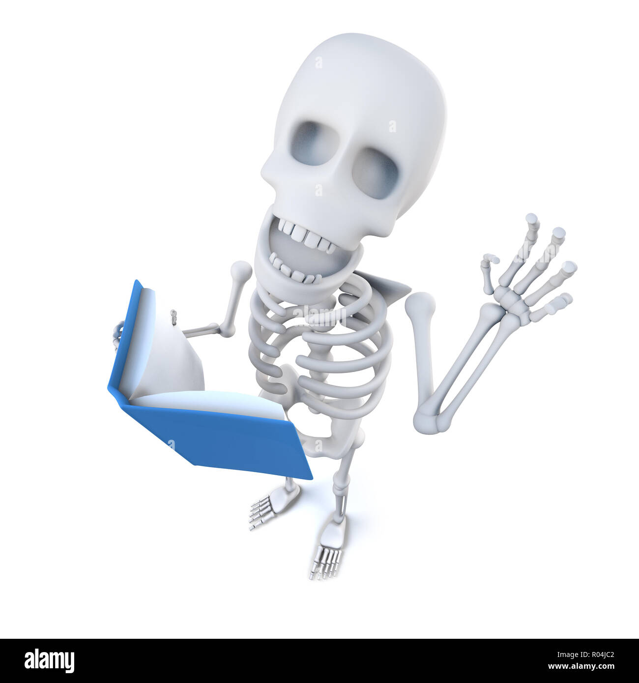 3d render of a funny cartoon skeleton character reading a book Stock ...