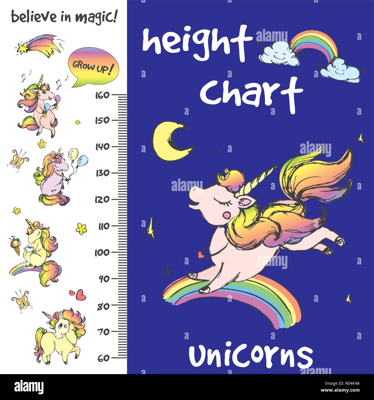 Kids height chart.Hand drawn unicorns,funny vector illustration Stock ...
