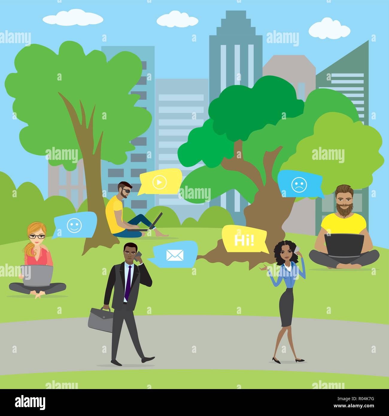 Different people use smart gadgets in the park, Internet chat and ...