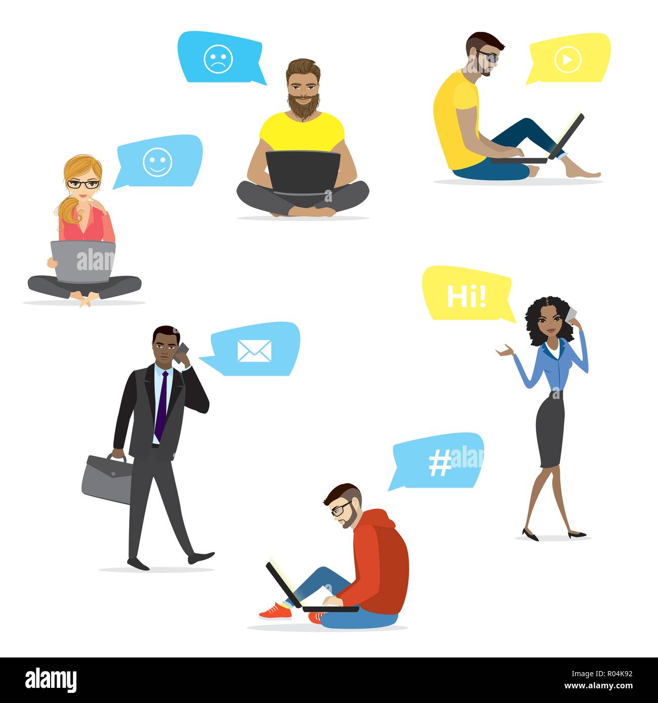 Set - people with smart gadgets isolated on white background, internet ...