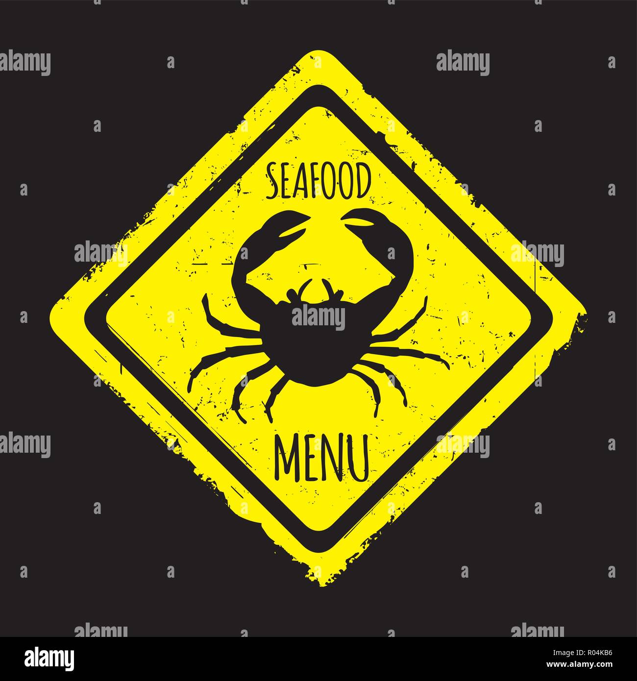 Seafood menu label with crab,yellow on black background. hand drawn ...