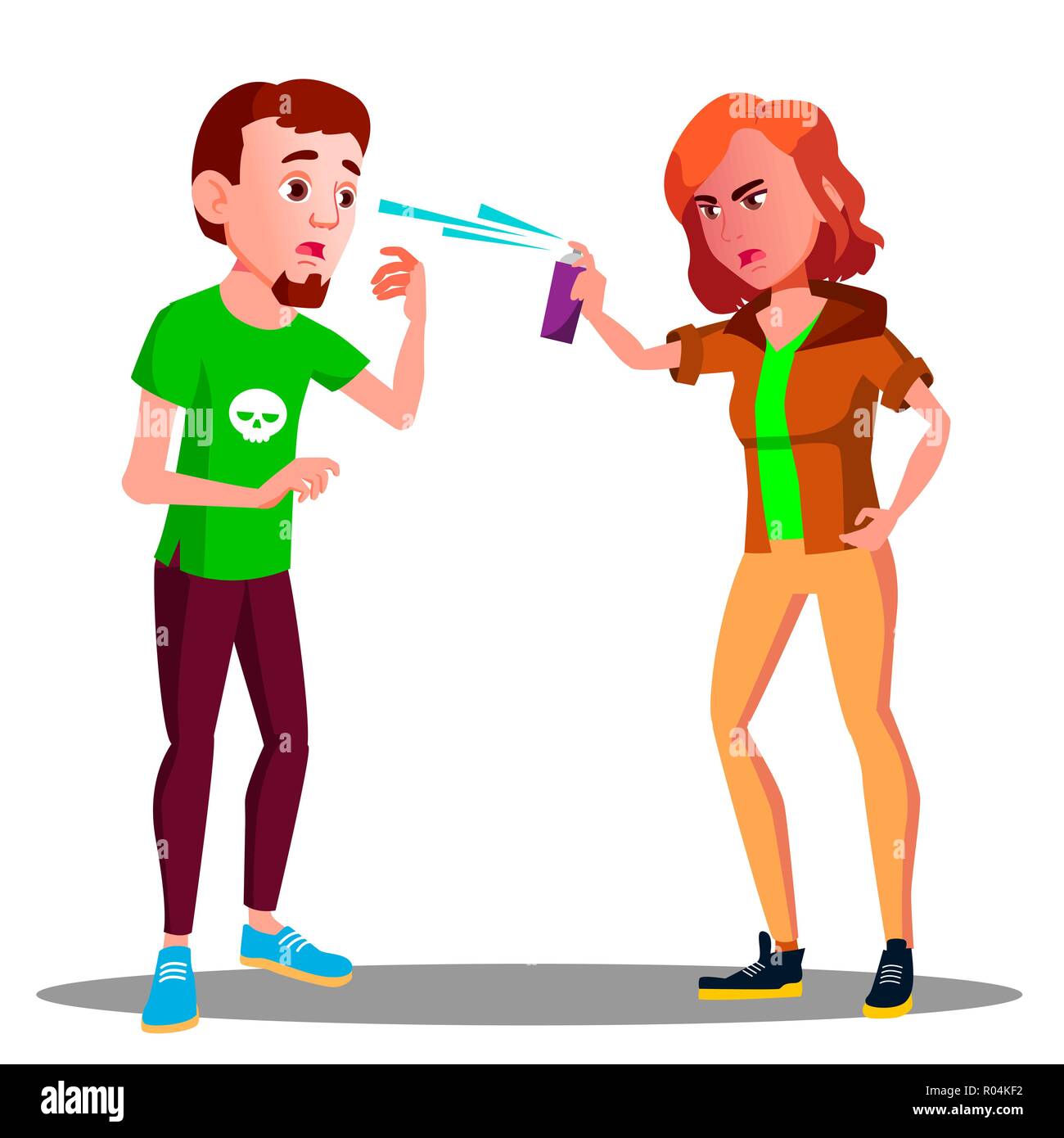 Teen Girl Protect Herself With Pepper Spray Vector. Isolated ...