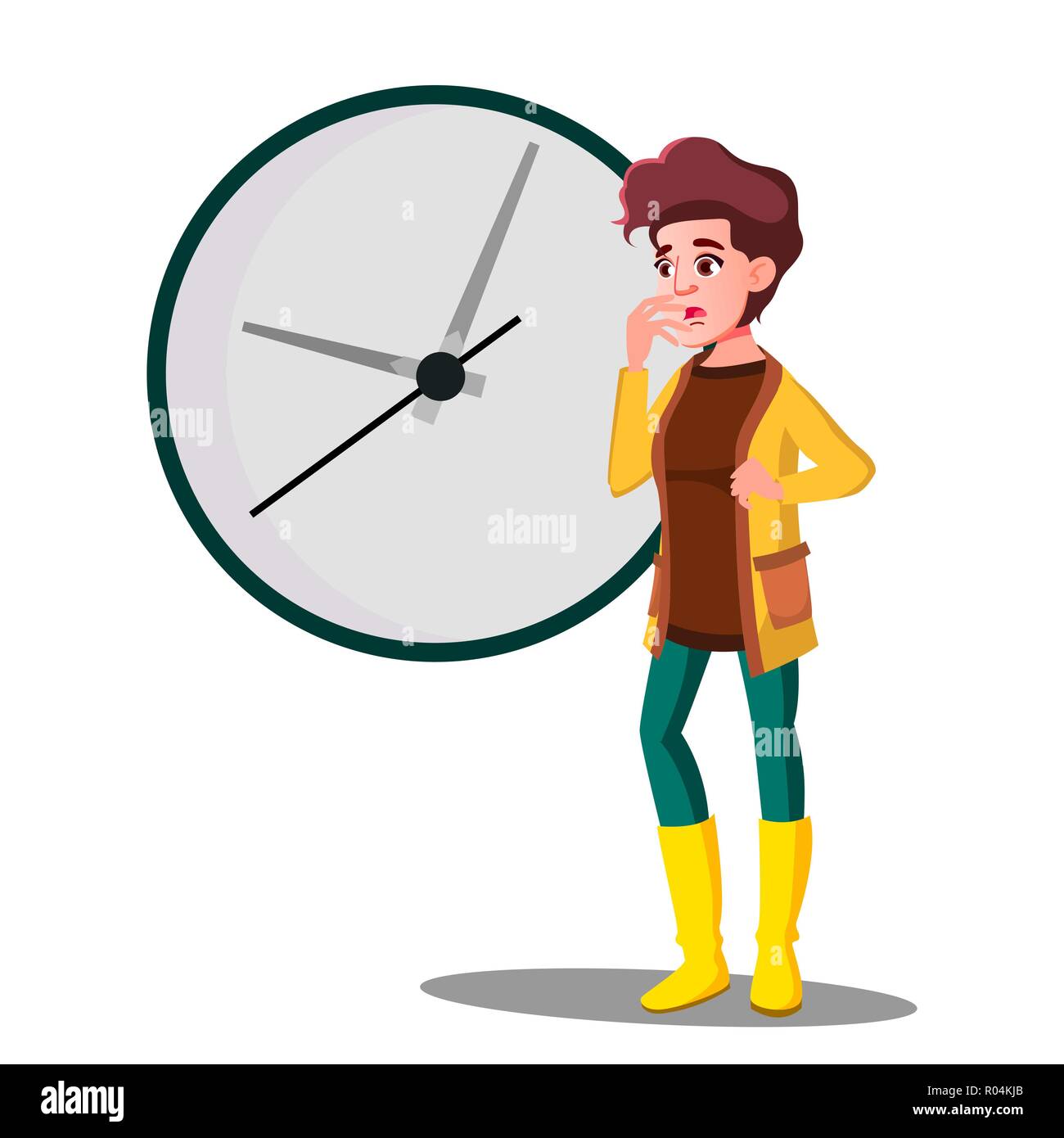 Late, Girl Fright Looking At The Clock Vector. Isolated Illustration ...