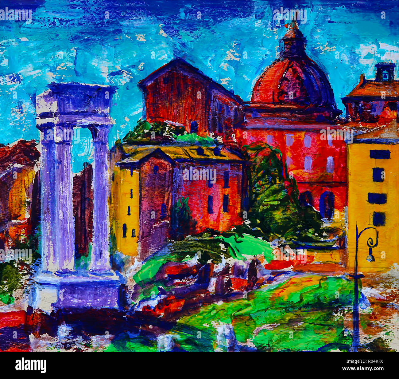 Art painting of roman cityscape in front of the Theatre of Marcellus ...