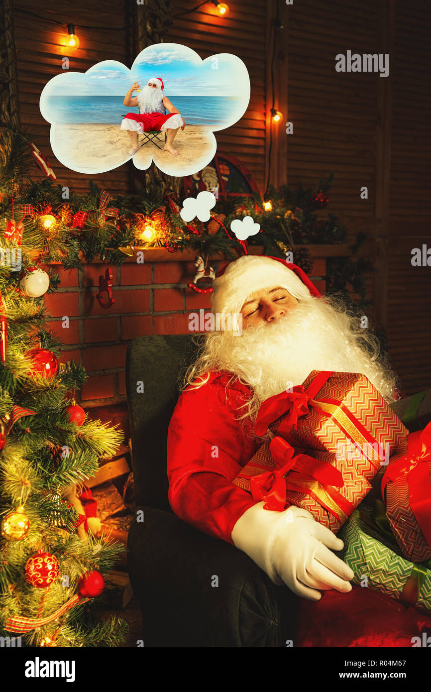 Tired Santa Claus is sleeping at home. He dreams of a summer vacation ...