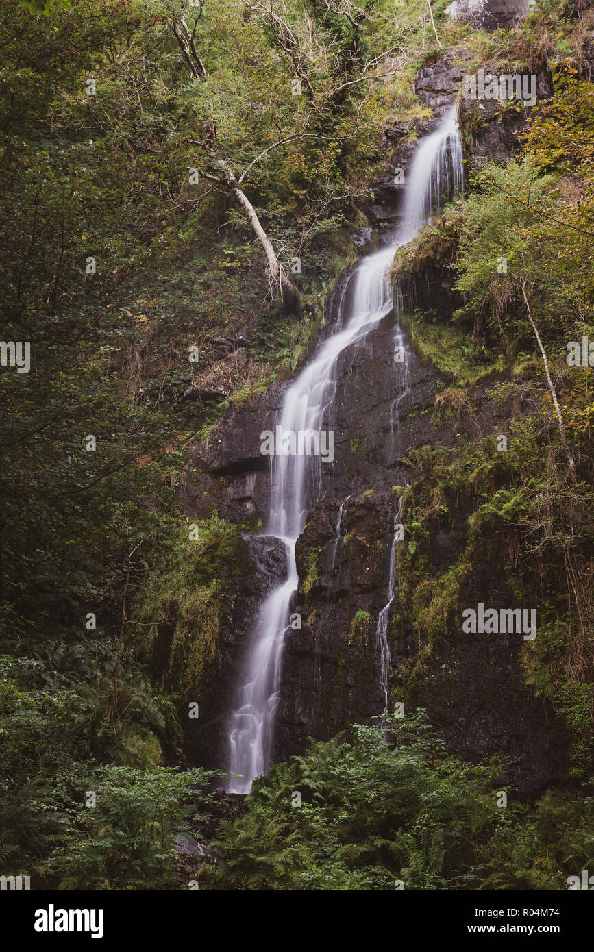 Stunning tall waterfall flowing over lush green landscape foliage in ...
