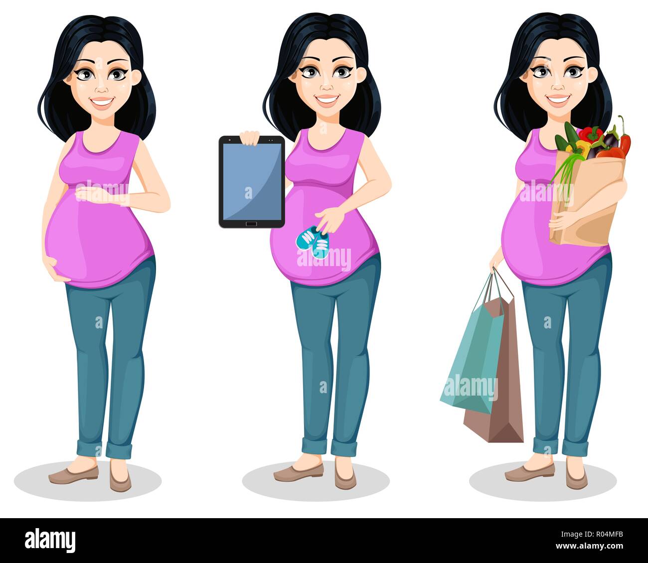 Pregnant woman. Beautiful lady prepares to be a mother, set of three ...