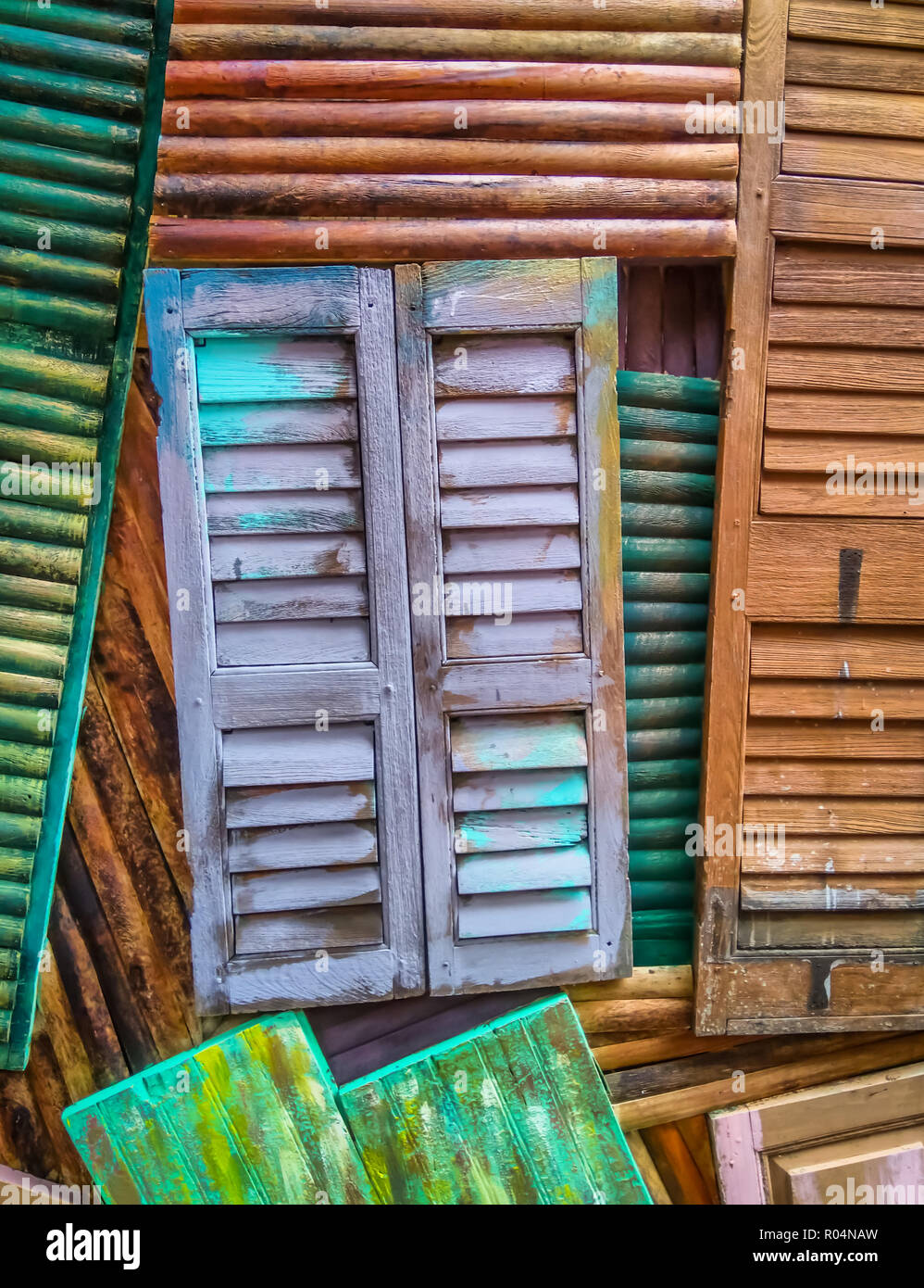 Old wooden window shutters of an Mediterranean house, vintage ...