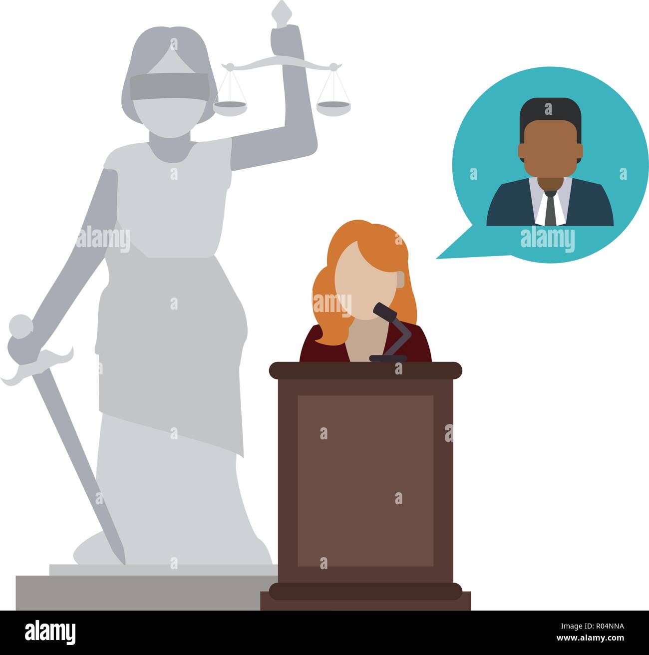 Lawyer defending client over lady justice statue vector illustration ...