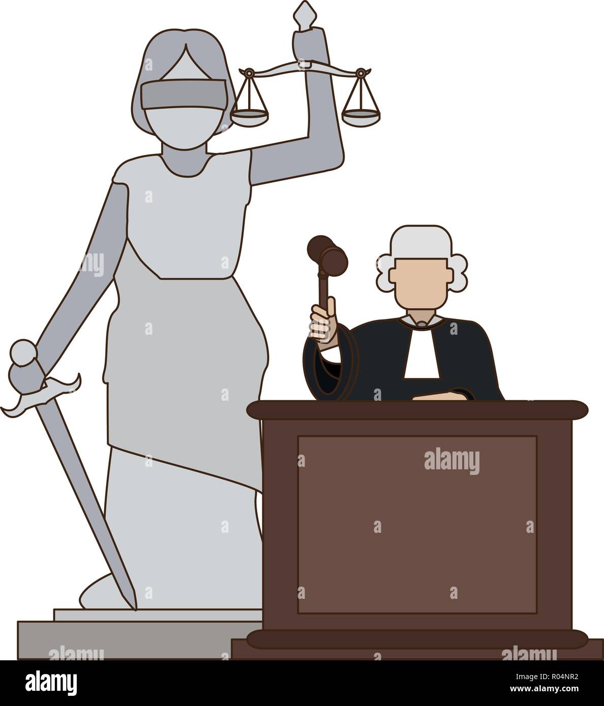 Judge talking on podium and justice lady statue vector illustration ...