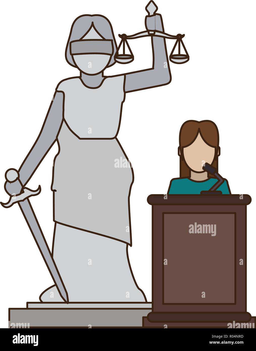 Witness talking on podium and justice lady statue vector illustration ...