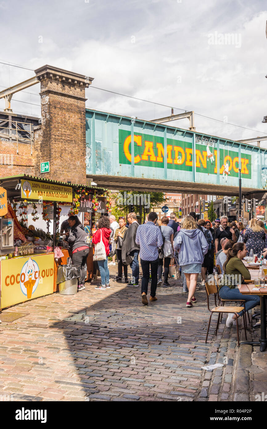 A view of Camden Market, and Camden Lock bridge in Camden, London ...