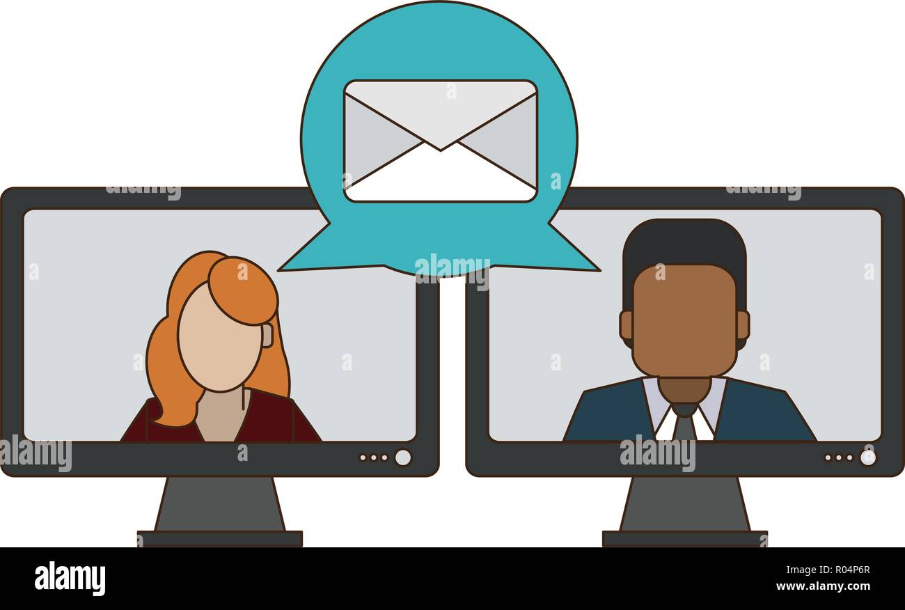 Business people sending email with computers vector illustration ...