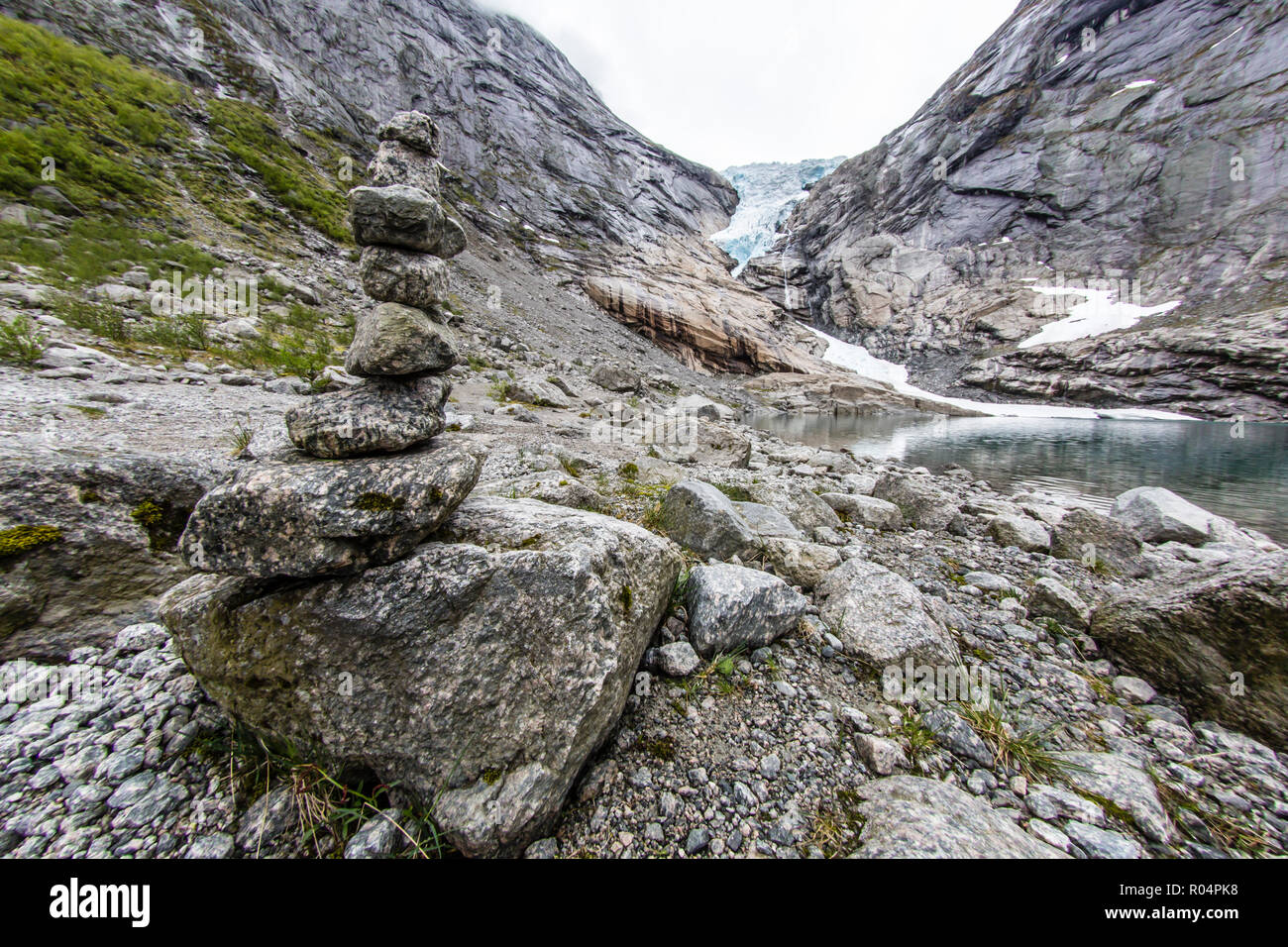 Retreating Briksdal Glacier at the head of Briksdal Valley, Olden ...