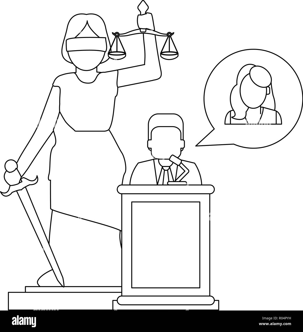 Lawyer defending client over lady justice statue vector illustration ...