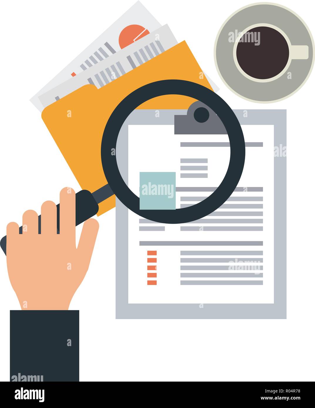 Businessman hand checking with magnifying glass documents vector ...