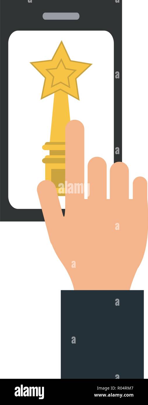 Hand touching smartphone with trophy on screen vector illustration ...