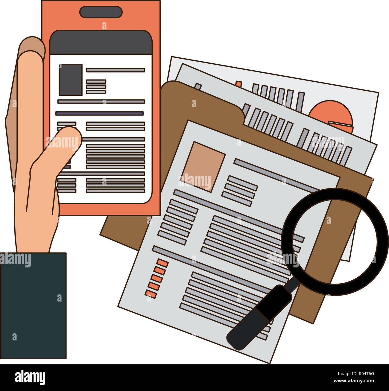 Hand using smartphone and checking documents vector illustration ...