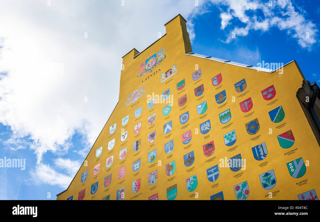 Gable, mural painting with various Latvian city crests in the historic ...