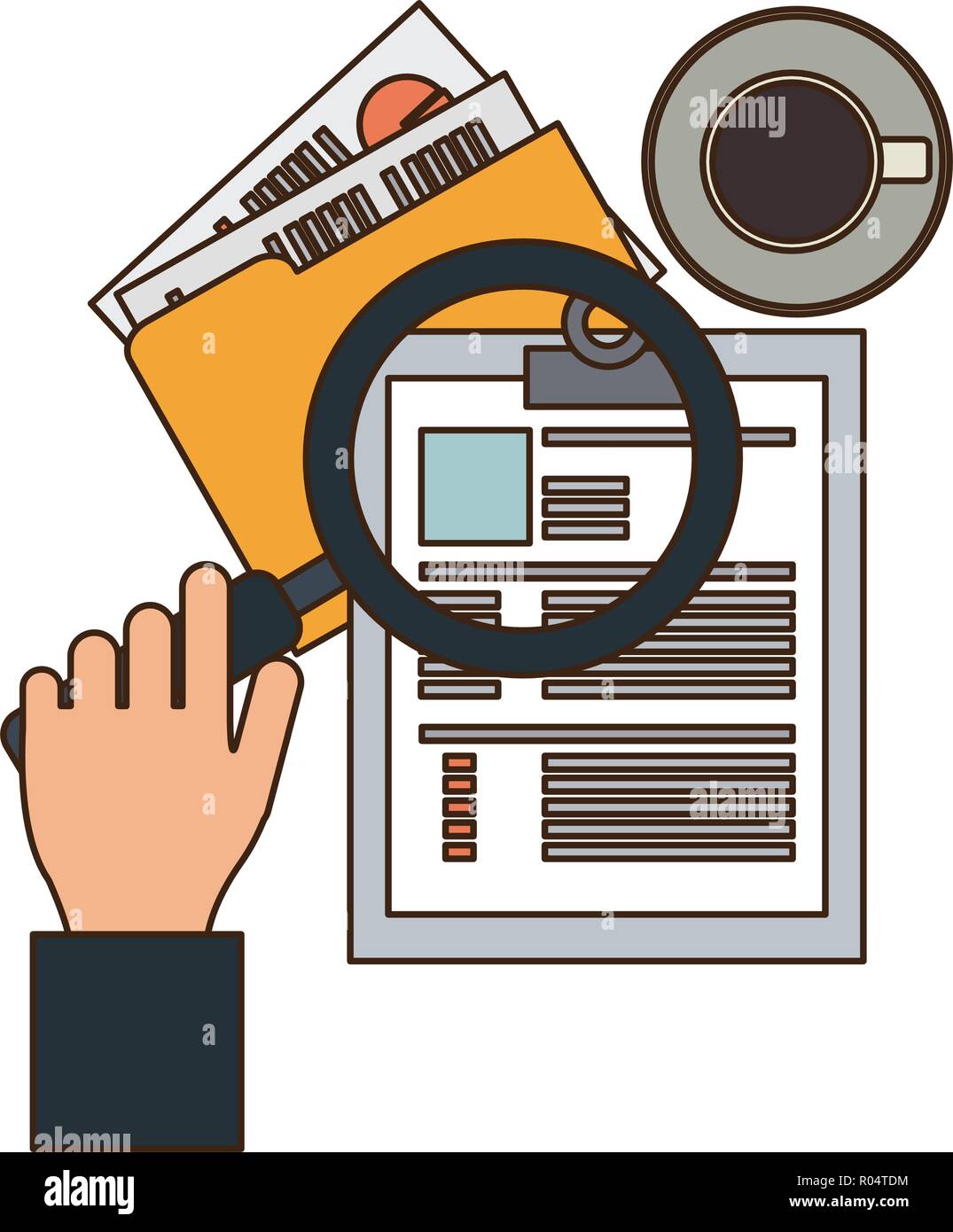 Businessman hand checking with magnifying glass documents vector ...