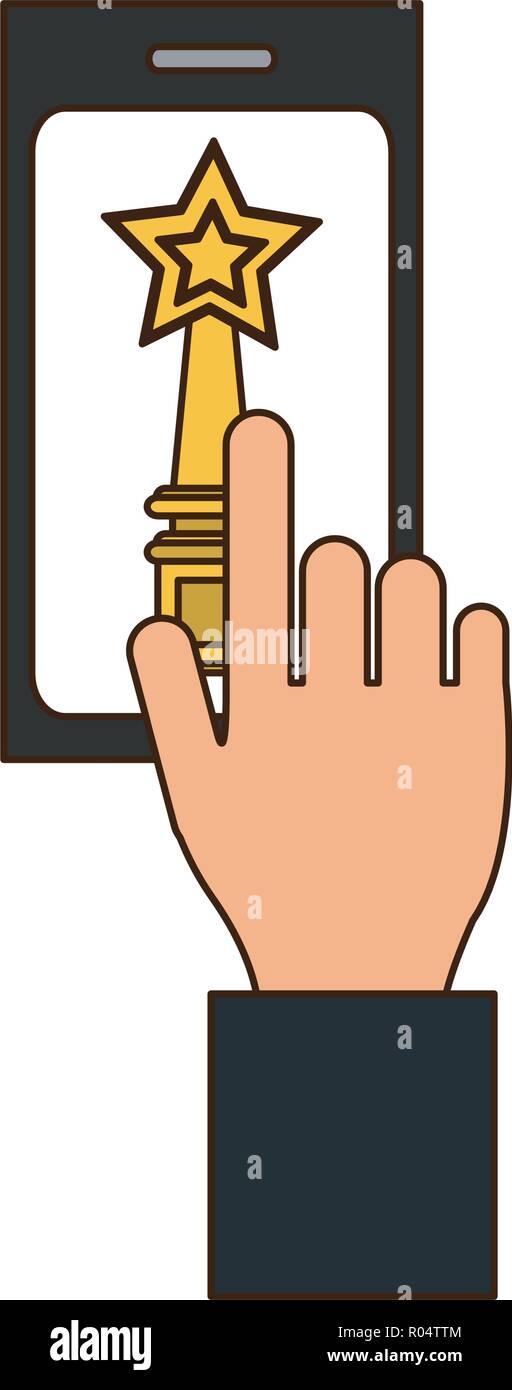 Hand touching smartphone with trophy on screen vector illustration ...