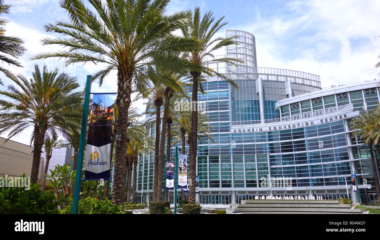 Beautiful palm trees frame an exterior view of the Anaheim Convention ...