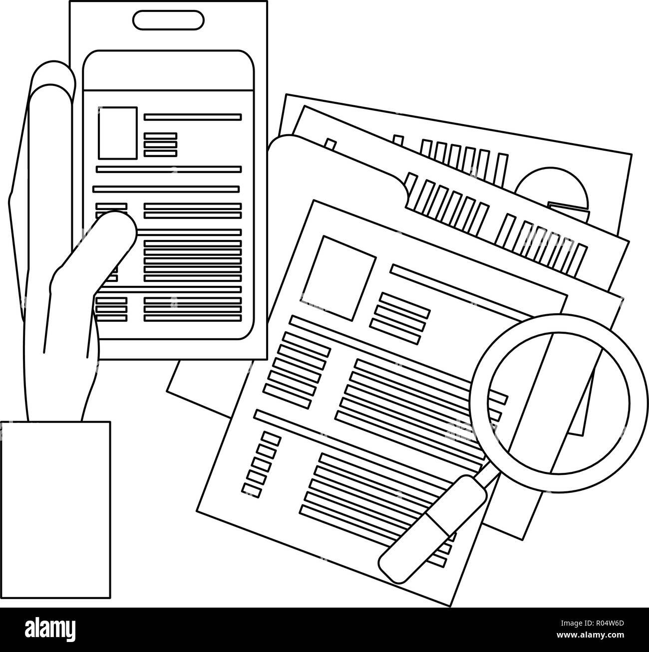 Hand using smartphone and checking documents vector illustration ...