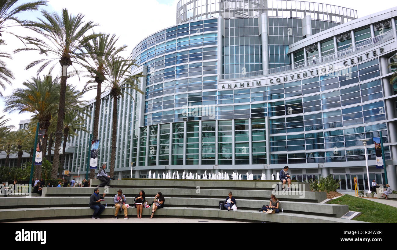 Conference attendees enjoy their break outside at the Anaheim ...