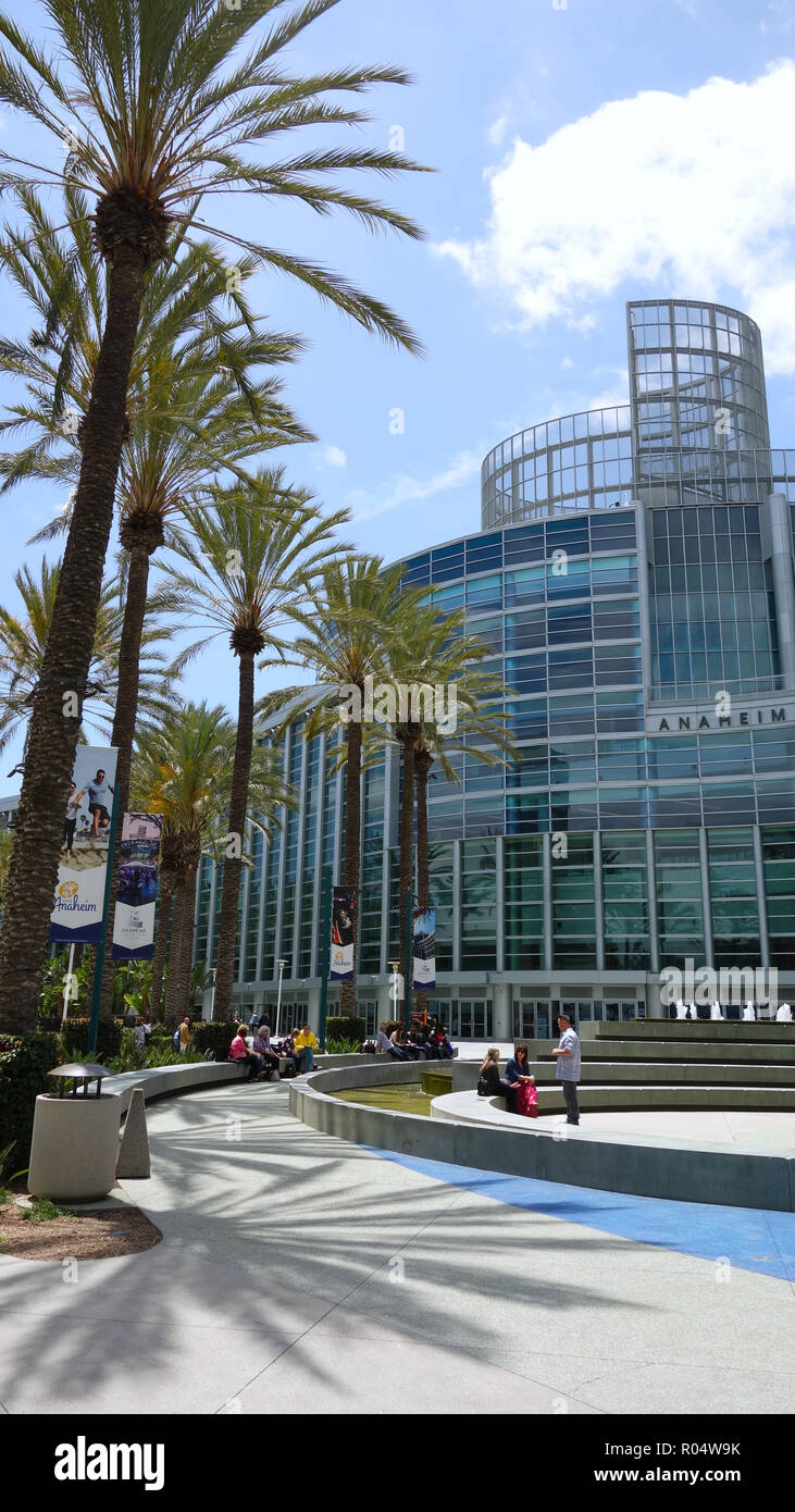 Palm trees cast exotic shadows on walkway to the Anaheim Convention ...