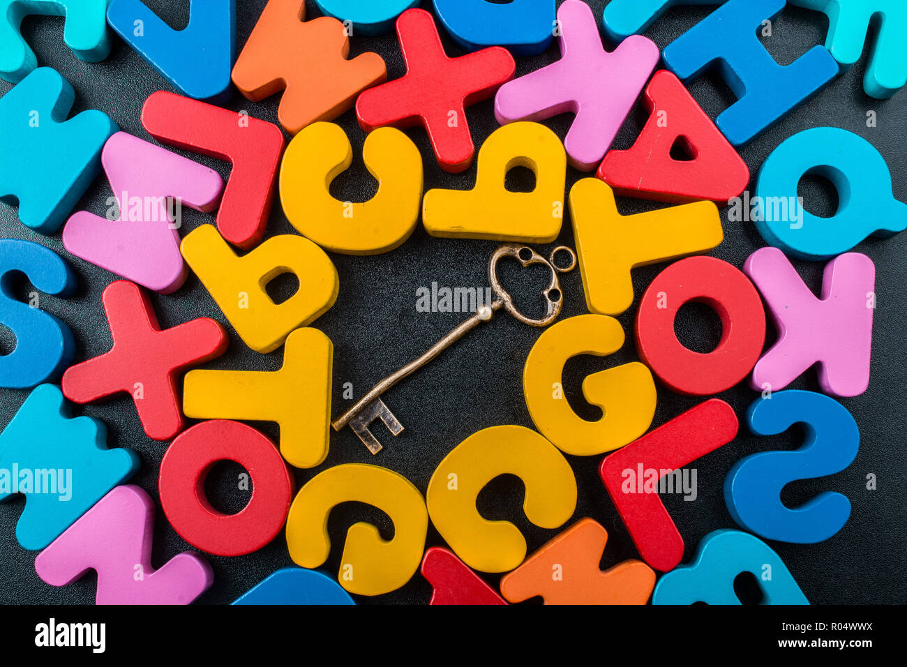 Retro key and Colorful Letters of Alphabet made of wood Stock Photo - Alamy