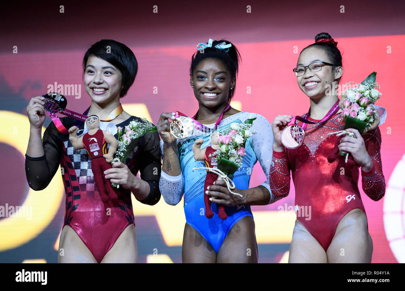 Award ceremony: May Murakami (JPN), Simone Biles (USA) and Morgan Hurd ...