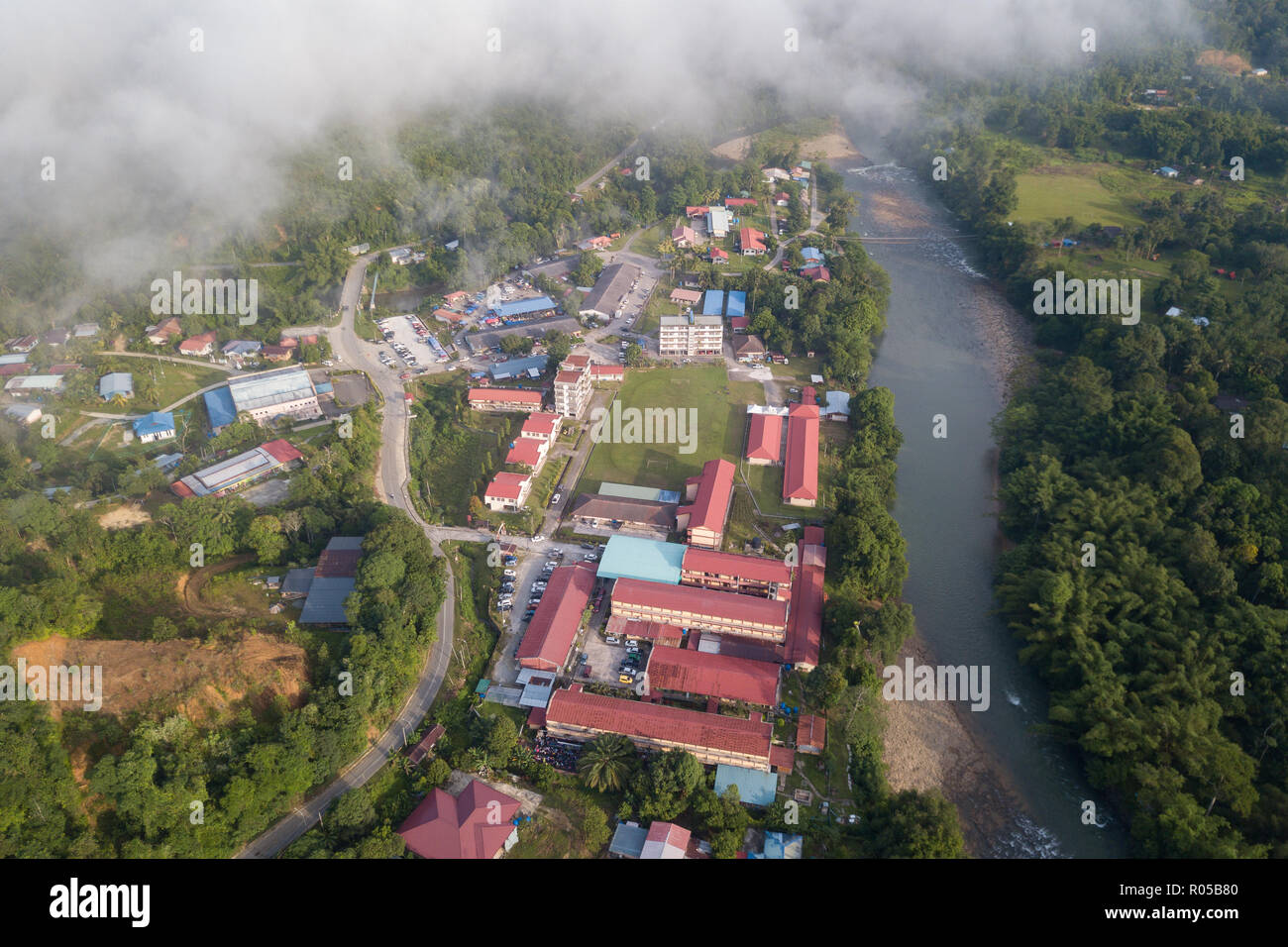 Aerial top angle view of rural town in Kiulu Sabah Malaysia Borneo ...