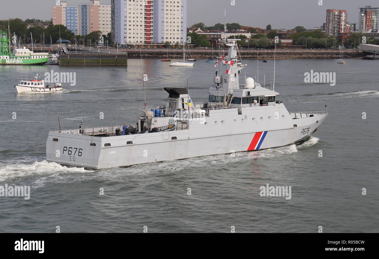 The Cherbourg based French naval ship FS Flamant arriving in Portsmouth ...
