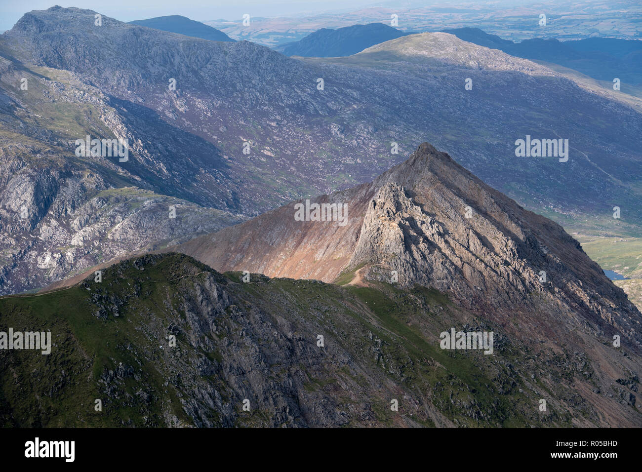 Crib Goch ridge viewed from the summit of Snowdon in Snowdonia National ...