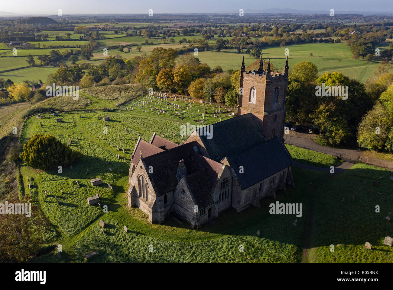 An aerial view of St Mary's Church in the Worcestershire village of ...