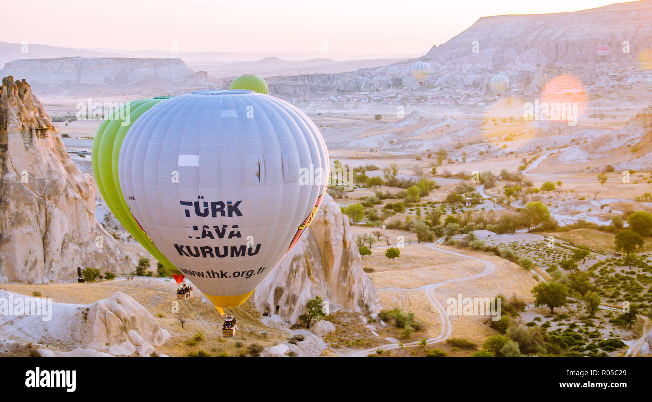 Cappadocia - Turkey - August 2018: Hot air balloon fly at sunrise Stock ...