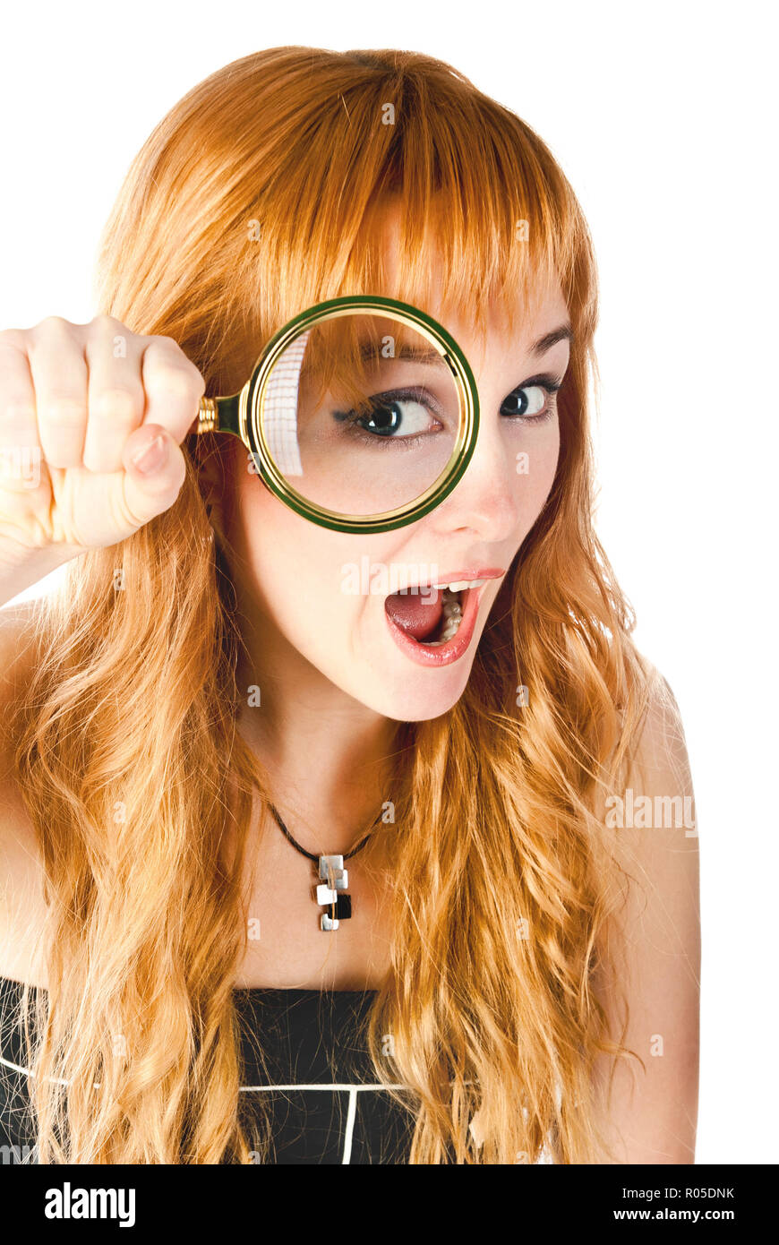 woman with magnifying glass isolated on a white background Stock Photo ...