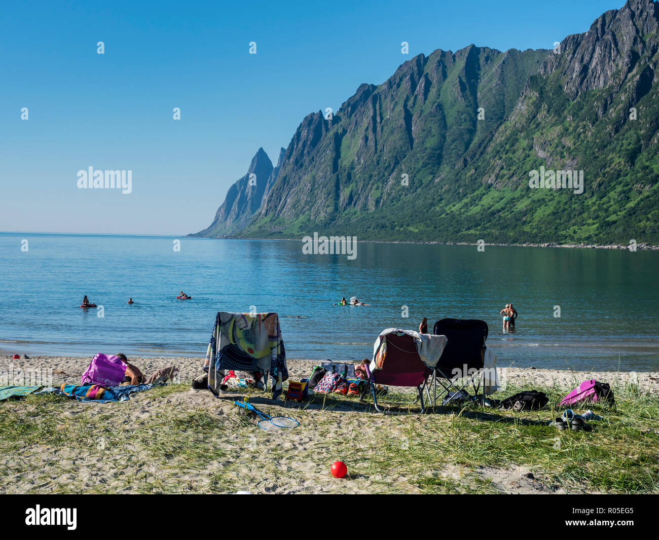 Beach Ersfjordstranden, fjord Ersfjord, public recreation area, summer ...