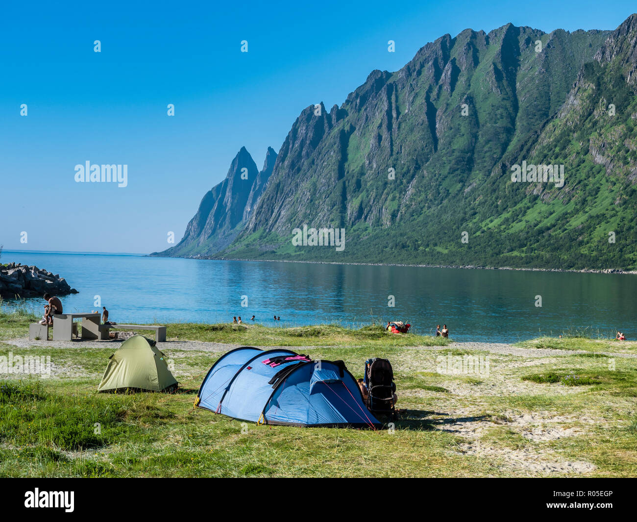 Beach Ersfjordstranden, fjord Ersfjord, public recreation area, public ...