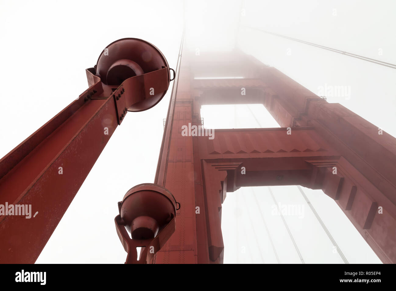 Low camera angle shot at the tower structure of the Golden Gate Bridge ...
