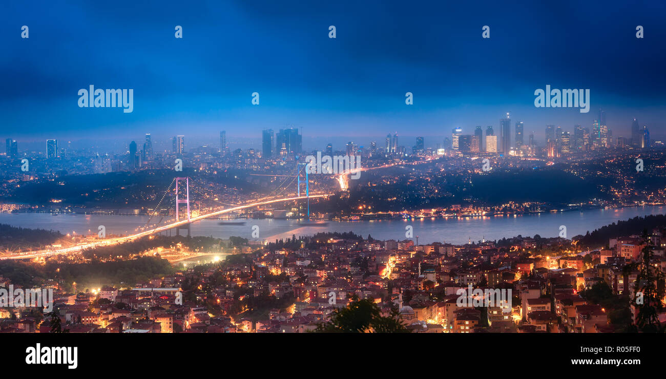 Night aerial view of Bosphorus bridge and panorama of Istanbul Stock ...