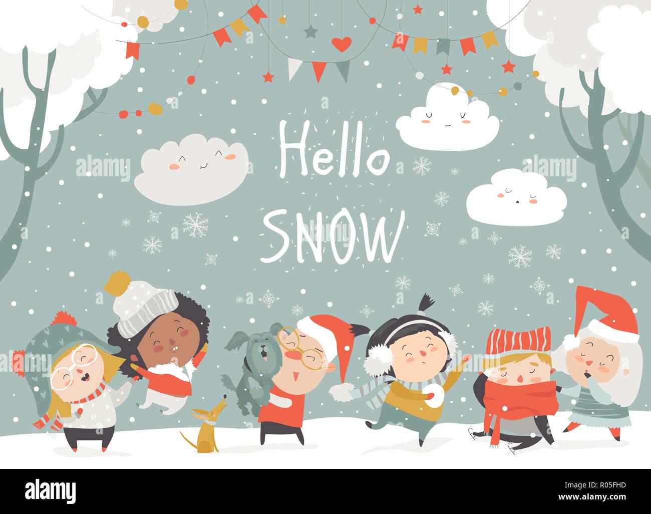 Cartoon happy children enjoying winter. Hello snow Stock Vector Image ...