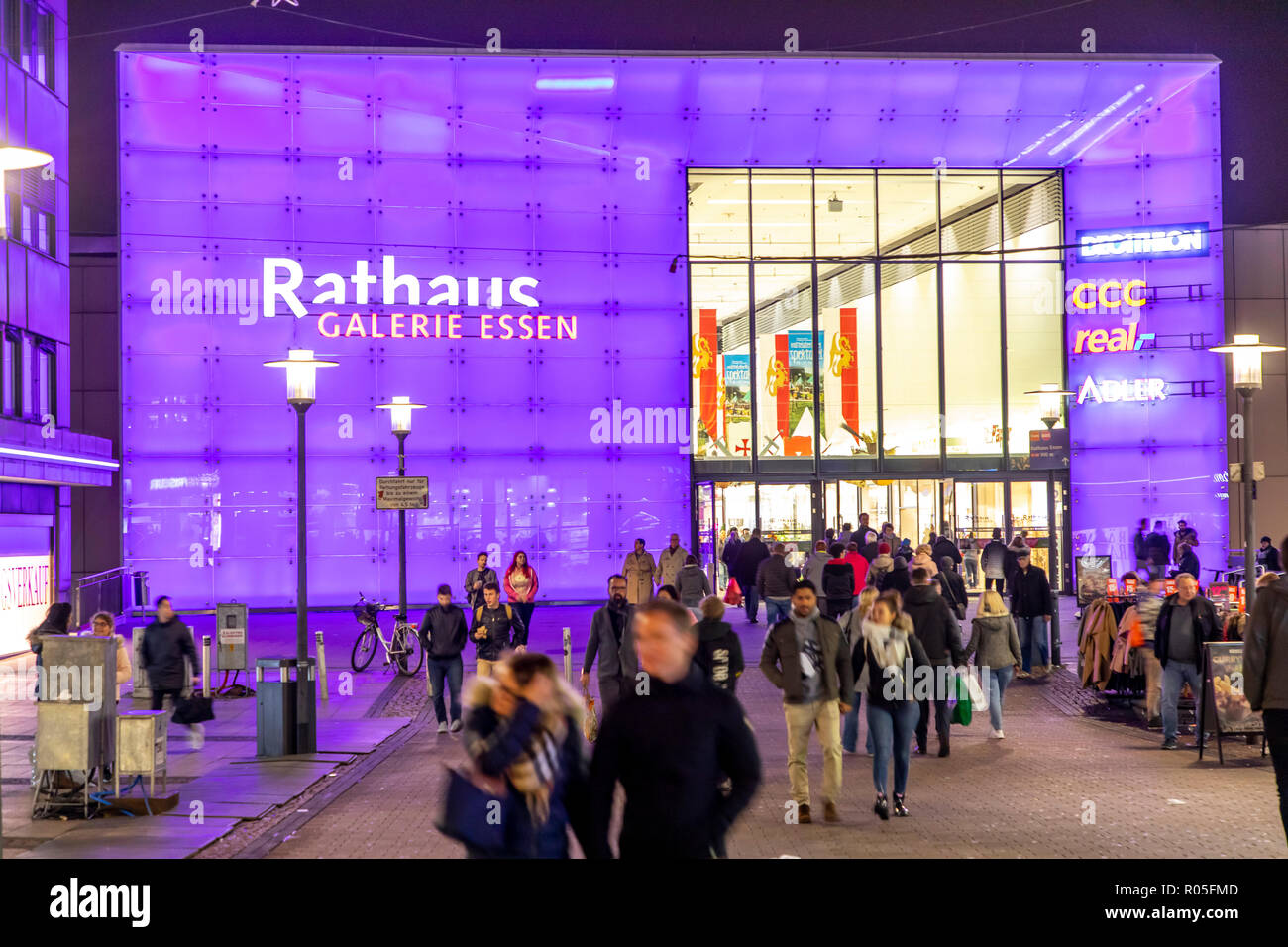 Shopping center Rathaus Galerie in Essen, city center, illuminated ...