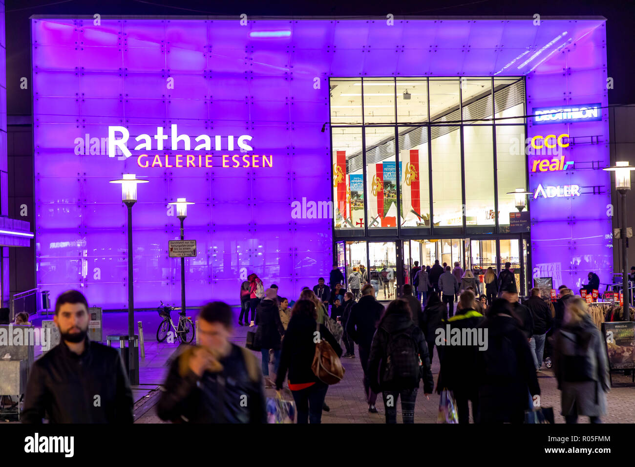 Shopping center Rathaus Galerie in Essen, city center, illuminated ...